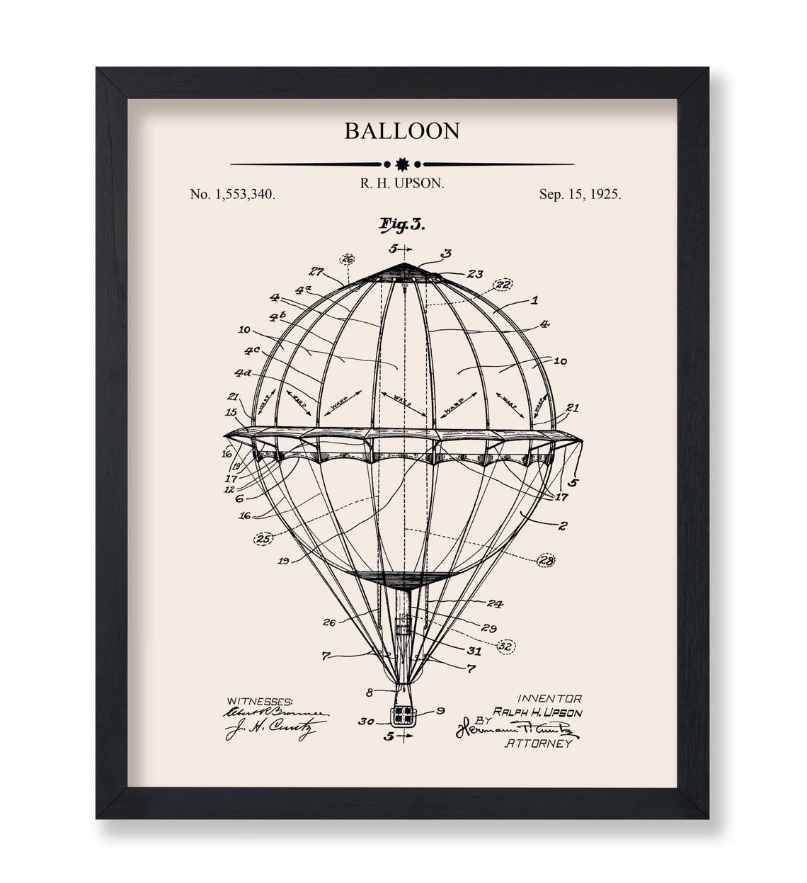 Vintage Hot Air Balloon Patent Print - Balloon Blueprint Poster ...