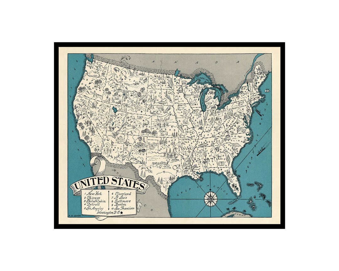 Vintage USA Map Poster Retro United States Map Print United States Map ...
