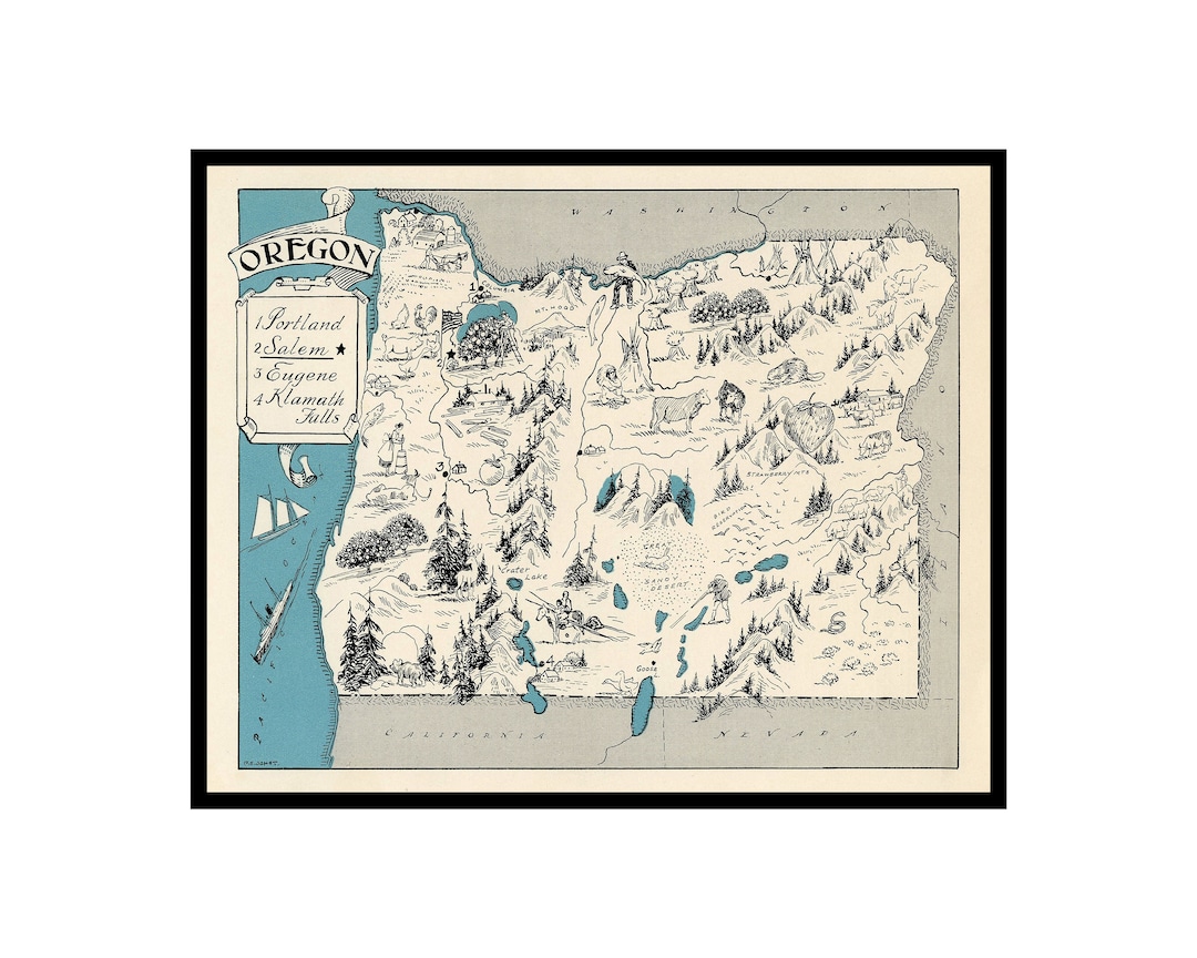 Vintage Map Poster Retro Oregon Map Print Oregon State Map Art Wall ...