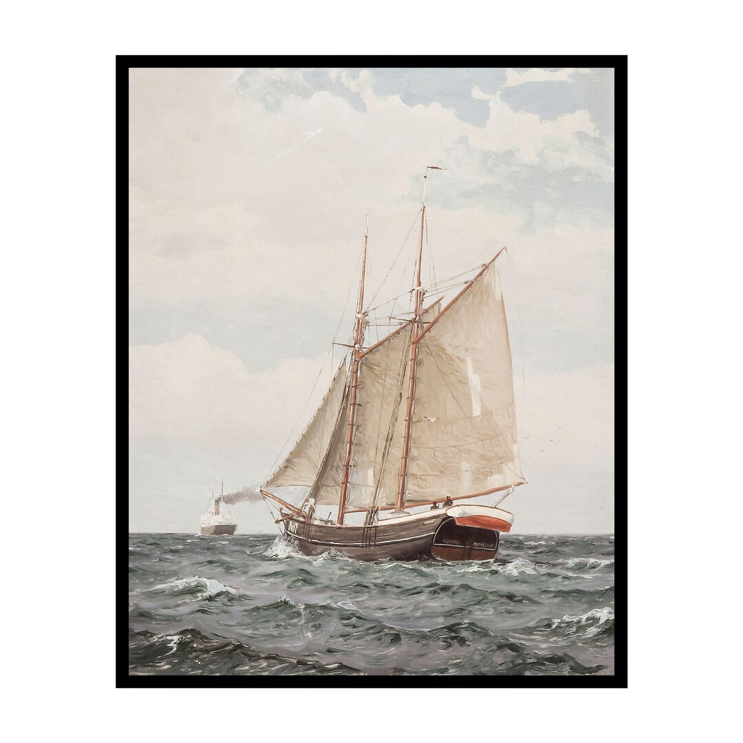 Vintage Nautical Poster Retro Sailboat at Sea Print Seascape Art Ship ...