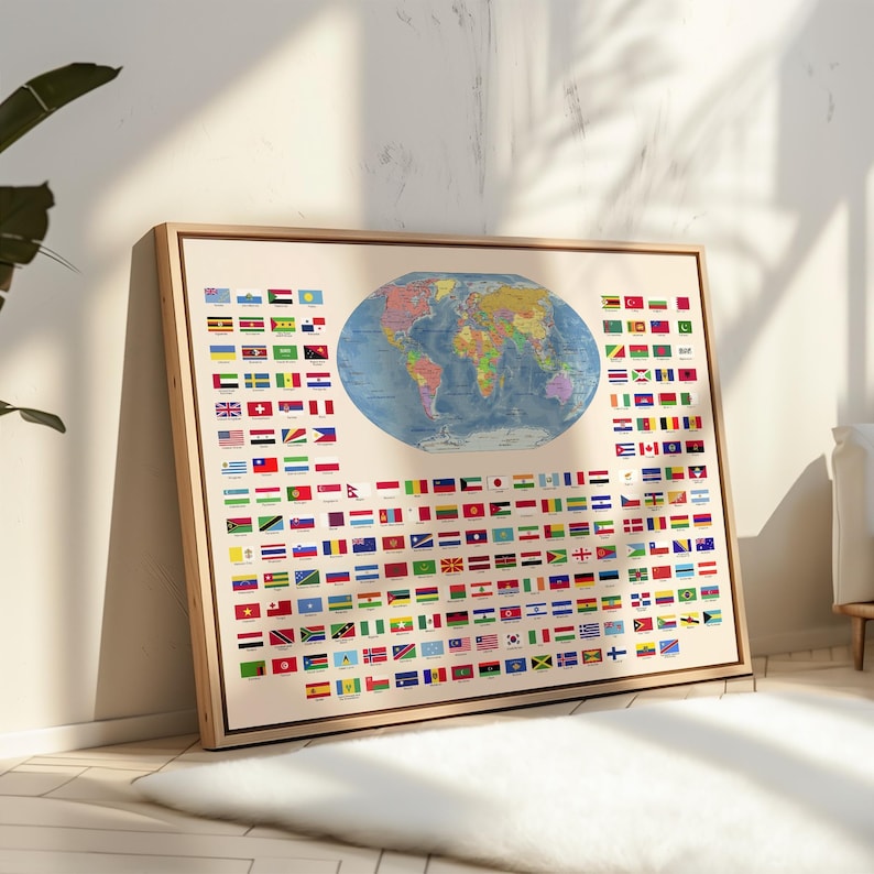 Flags of the World Poster - World Map Print - Learning Materials Art ...
