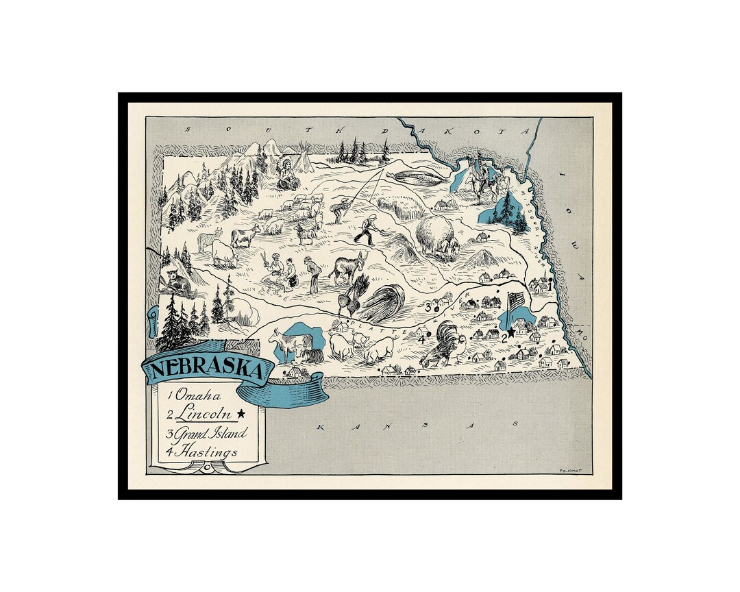 Vintage Map Poster Retro Nebraska Map Print Nebraska State Map Art Gift ...