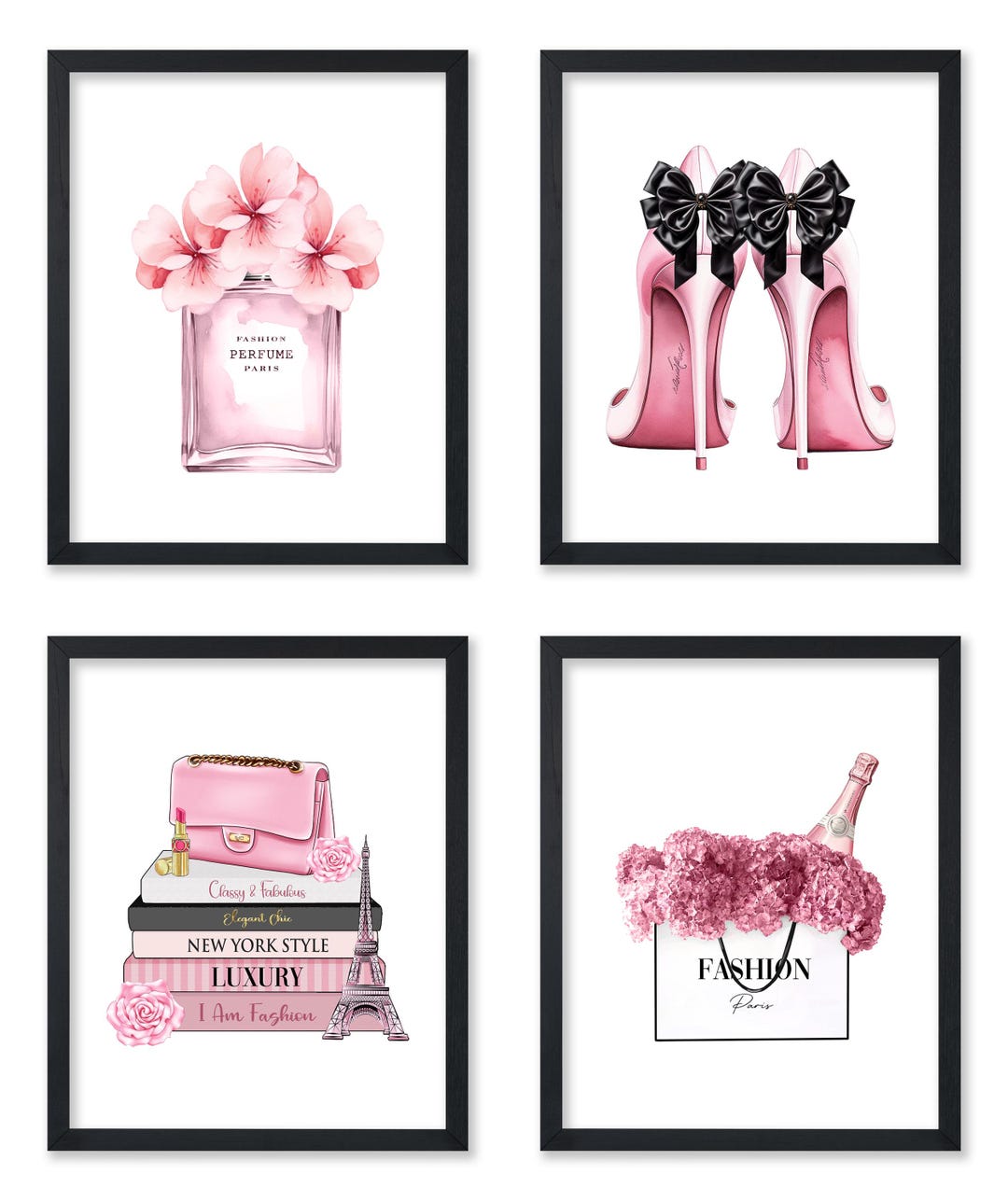 4-piece Fashion Poster - Pink Designer Print - Handbag Art - Shoes Art ...