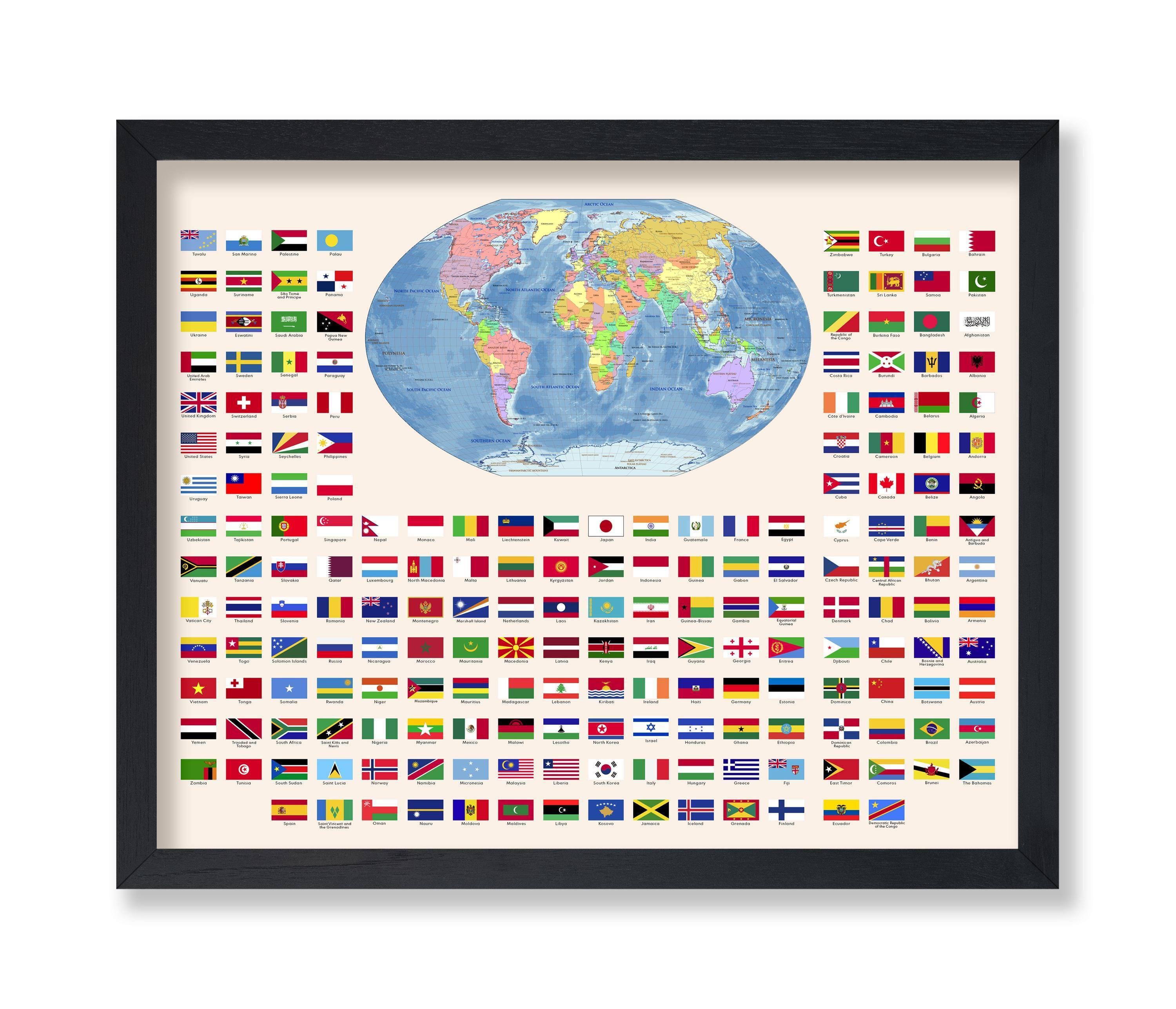 Flags of the World Poster - World Map Print - Learning Materials Art ...