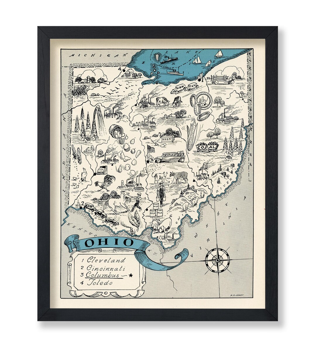 Vintage Map Poster - Retro Ohio Map Print - Ohio State Map Art - Wall ...