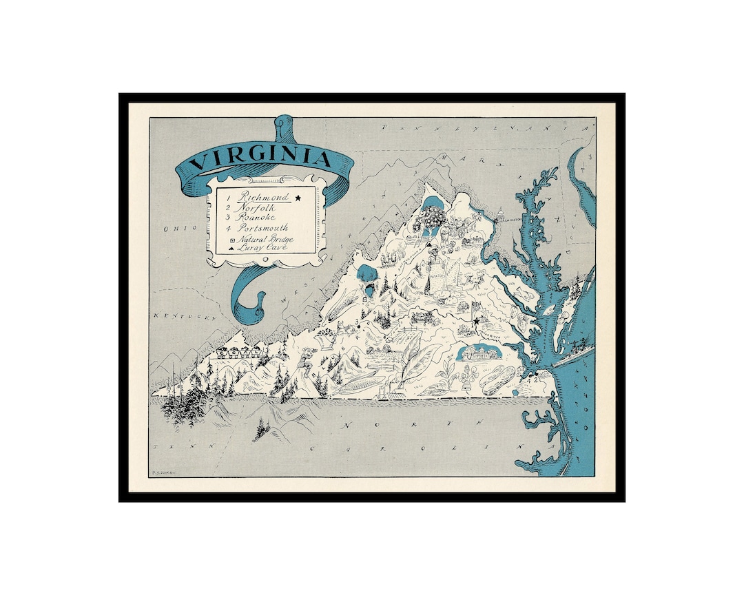 Vintage Map Poster Retro Virginia Map Print Virginia State Map Art Wall ...