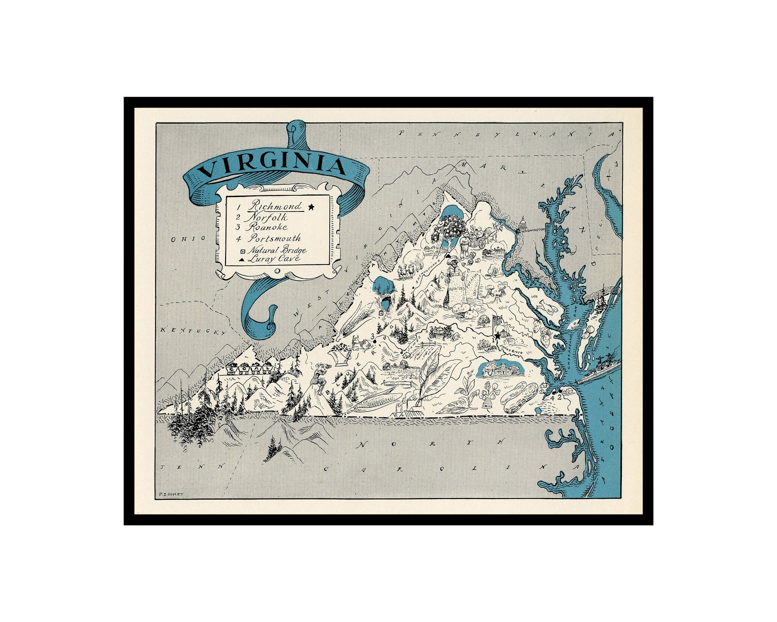 Vintage Map Poster Retro Virginia Map Print Virginia State Map Art Wall ...
