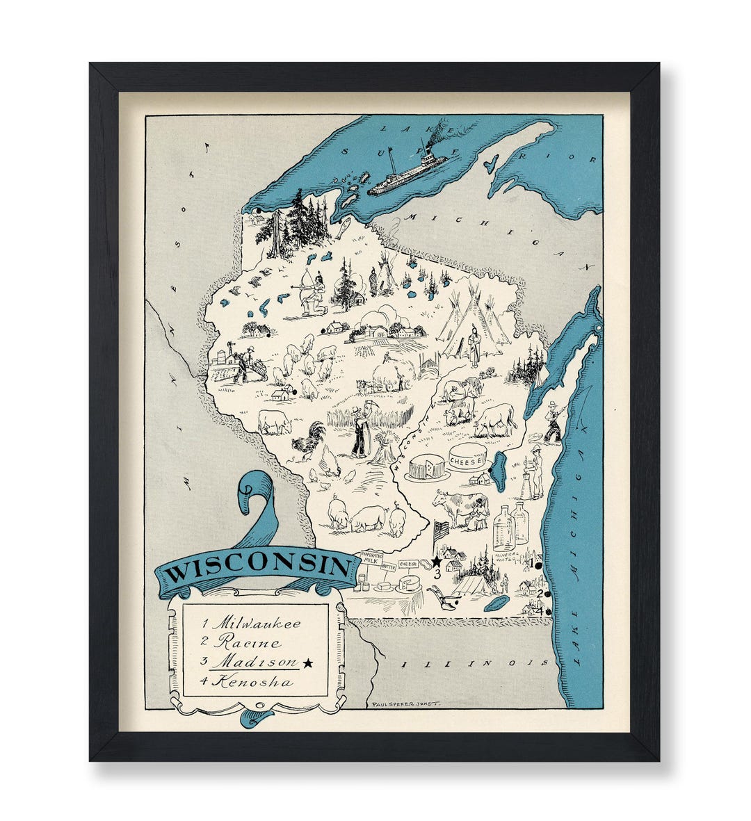 Vintage Map Poster - Retro Wisconsin Map Print - Wisconsin State Map ...