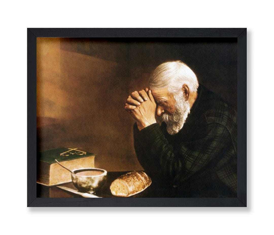 Vintage Grace Painting Poster - Retro Man Praying Over Bread Print ...