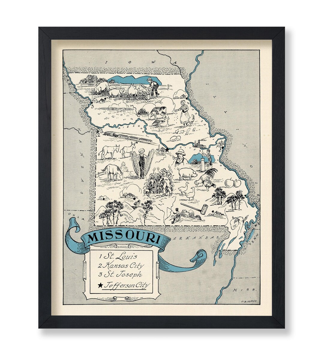Vintage Map Poster - Retro Missouri Map Print - Missouri State Map Art ...