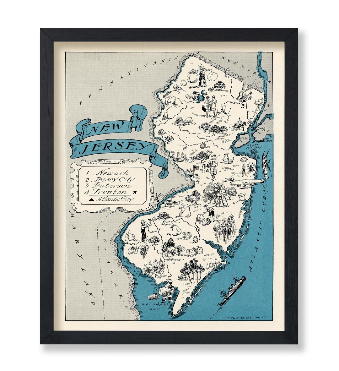 Vintage Map Poster - Retro New Jersey Map Print - New Jersey State Map ...