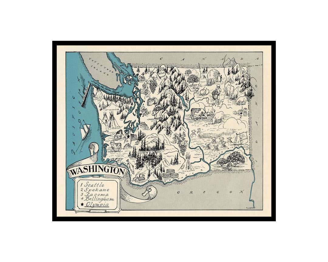 Vintage Map Poster Retro Washington Map Print Washington State Map Art ...