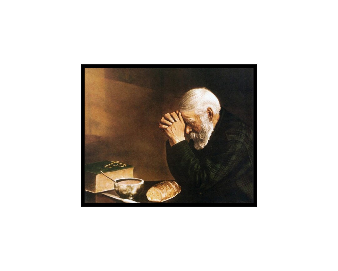 Vintage Grace Painting Poster Retro Man Praying Over Bread Print ...