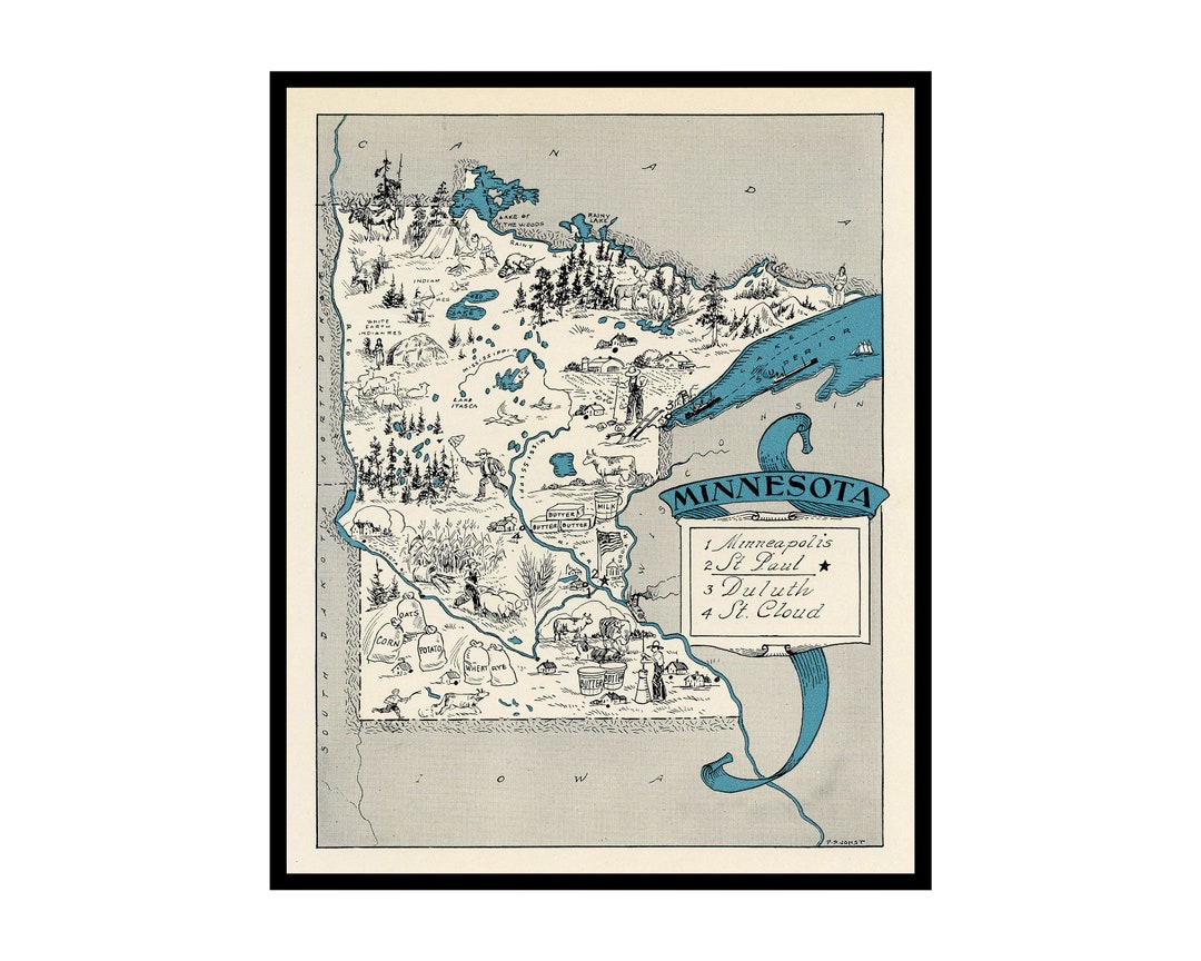 Vintage Map Poster Retro Minnesota Map Print Minnesota State Map Art ...
