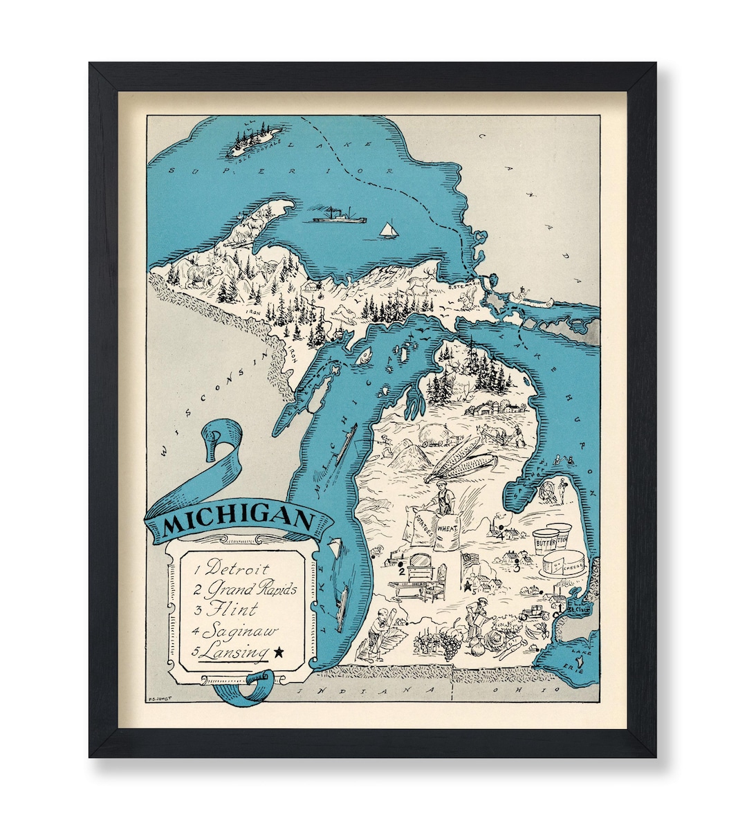 Vintage Map Poster - Retro Michigan Map Print - Michigan State Map Art ...