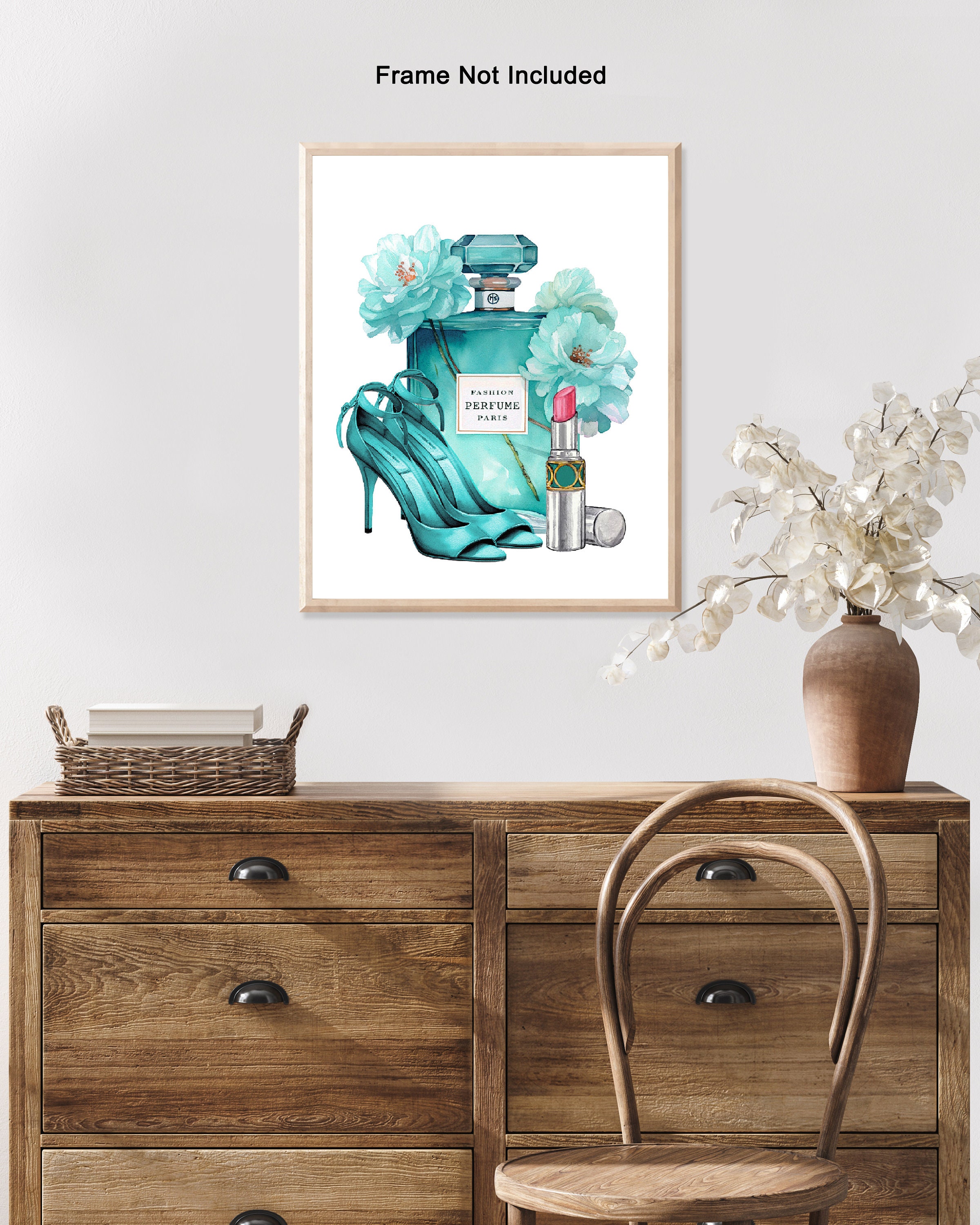 Fashion Poster Turquoise Blue Designer Print Shoes, Perfume, Lipstick ...