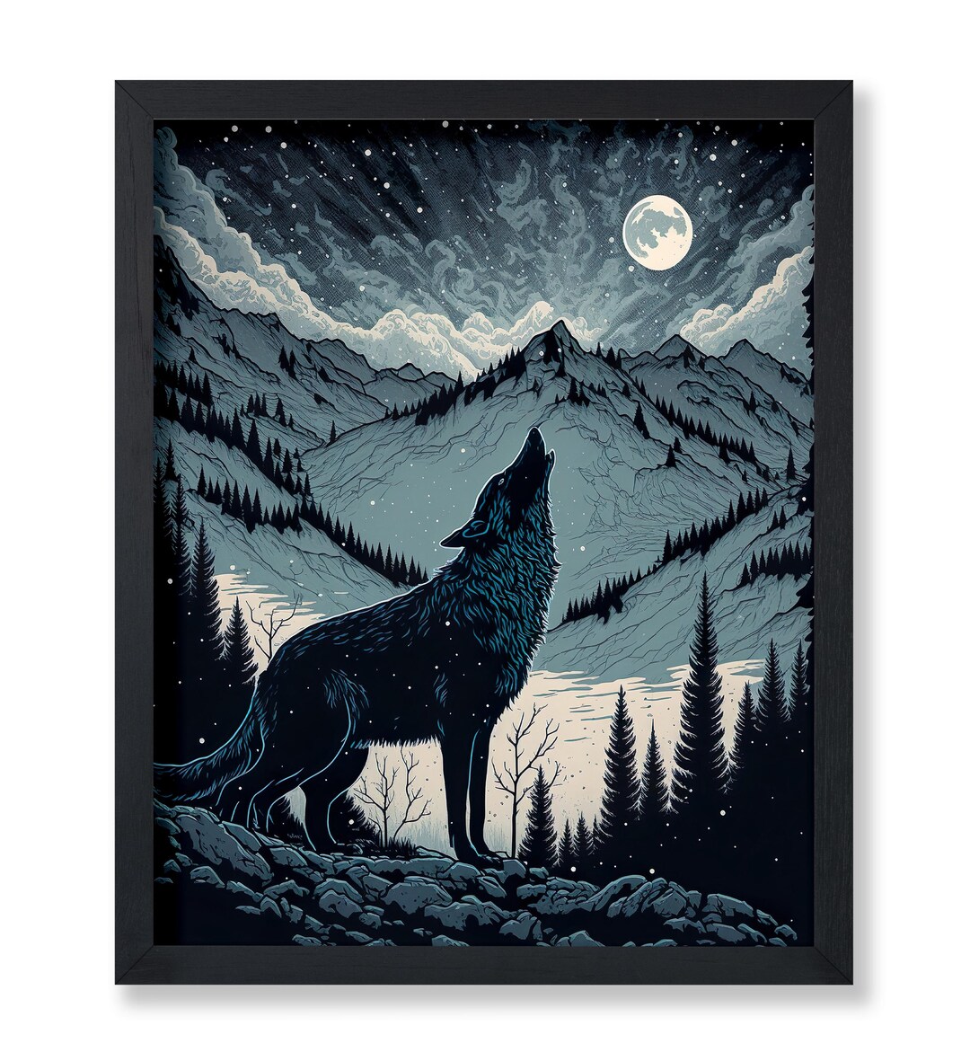 Howling Wolf Moon Poster Mountain Landscape Art UNFRAMED Animal Lover ...