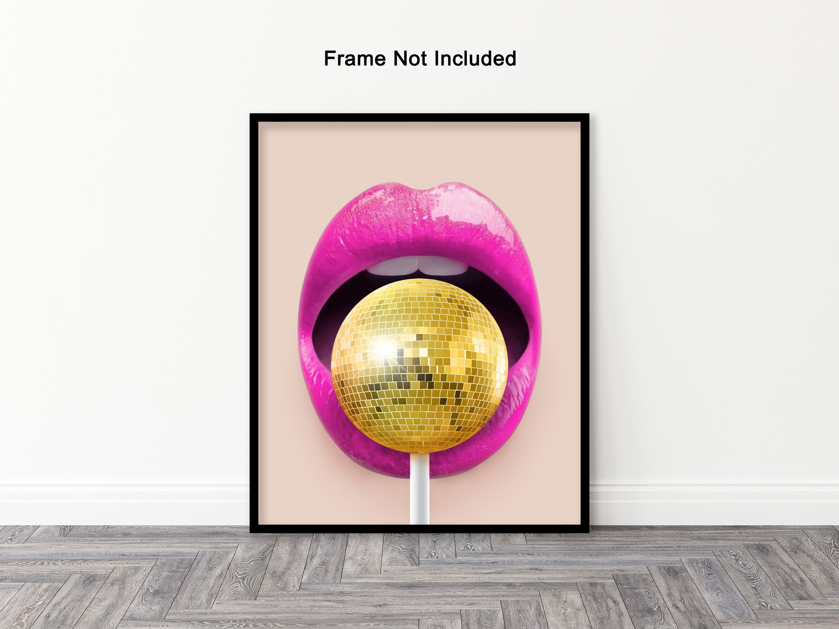 Disco Lollipop Poster Gold Disco Ball Print Disco Art Pink Lips Art Pop ...