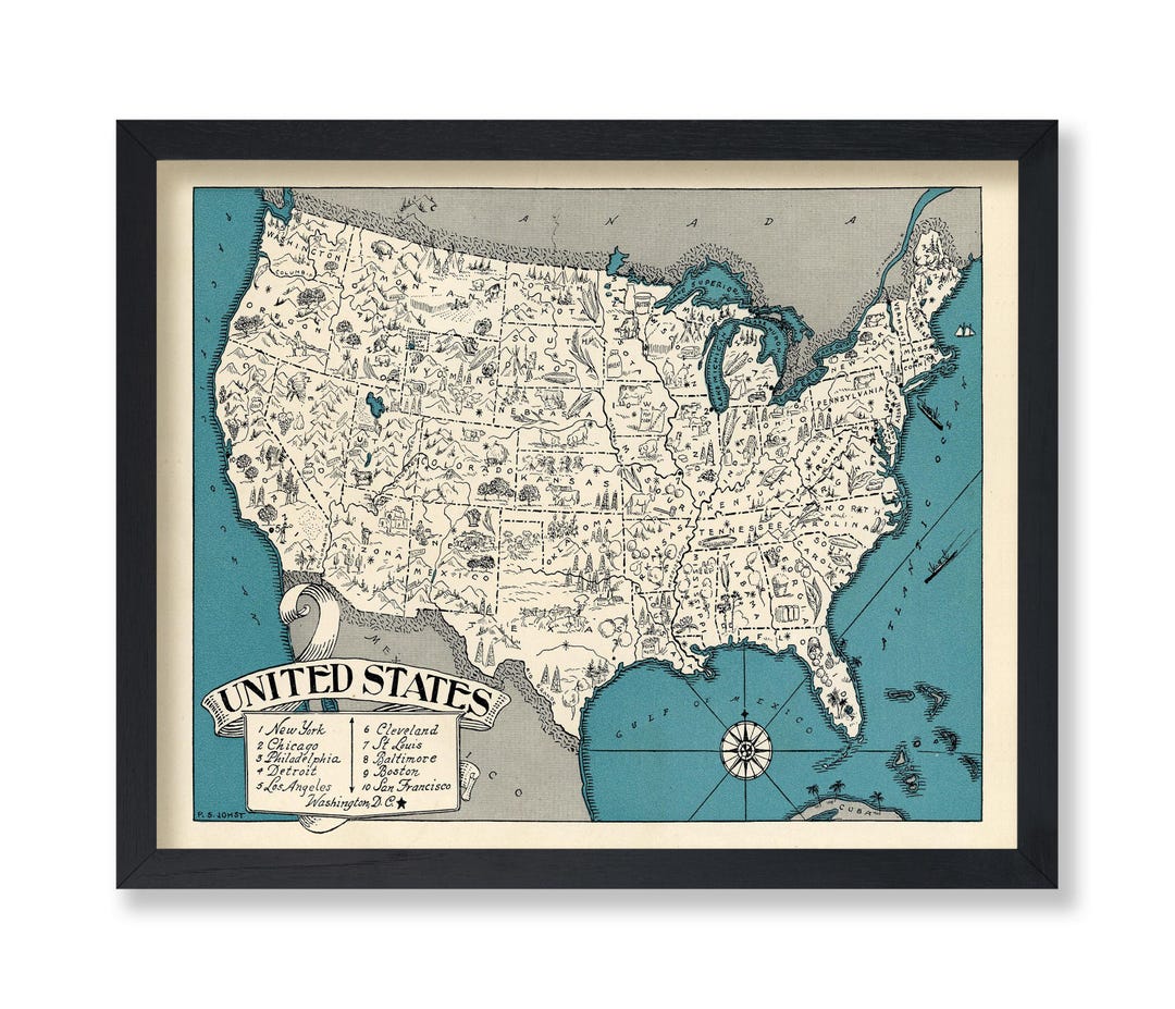 Vintage USA Map Poster - Retro United States Map Print - United States ...