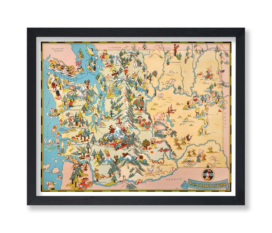 Vintage Map Poster - Retro Washington Map Print - Fun Washington State ...