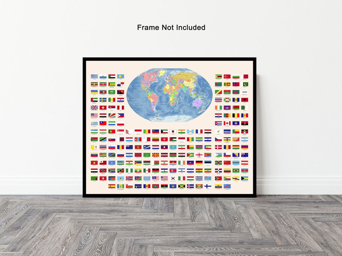Flags of the World Poster World Map Print Learning Materials Art Gift ...
