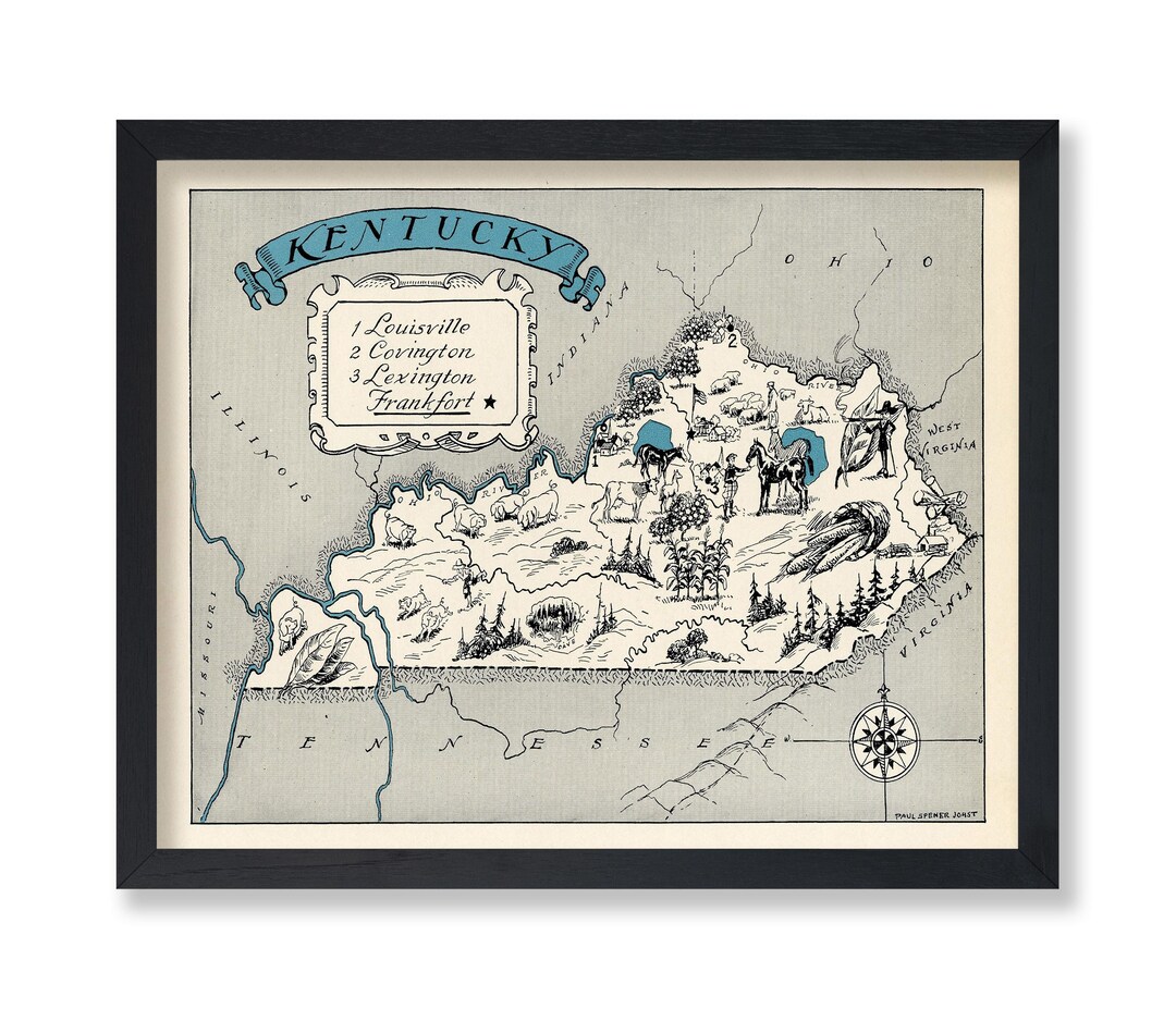 Vintage Map Poster - Retro Kentucky Map Print - Kentucky State Map Art ...