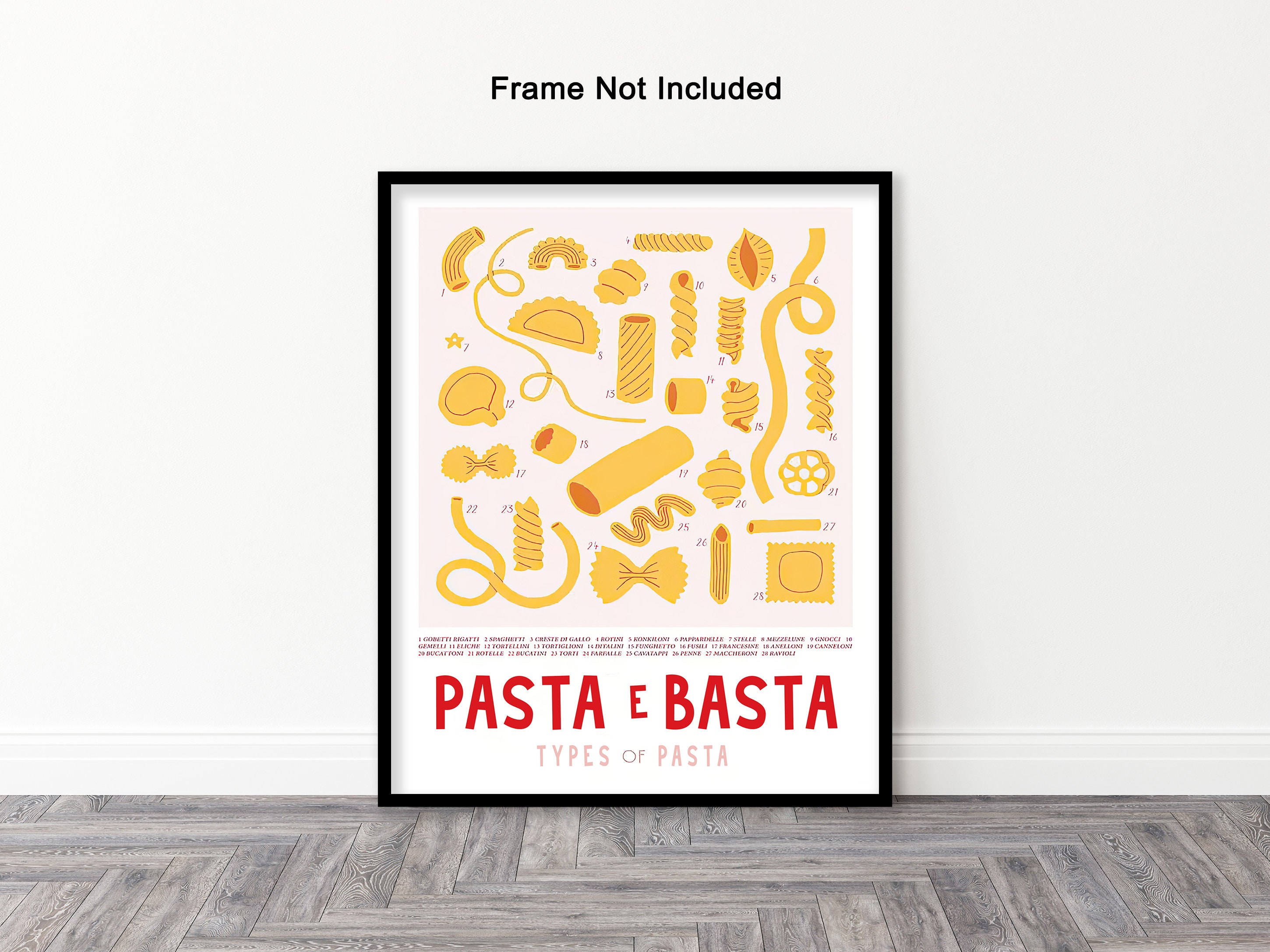Vintage Illustration Poster Retro Food Print Types of Pasta, Yellow ...