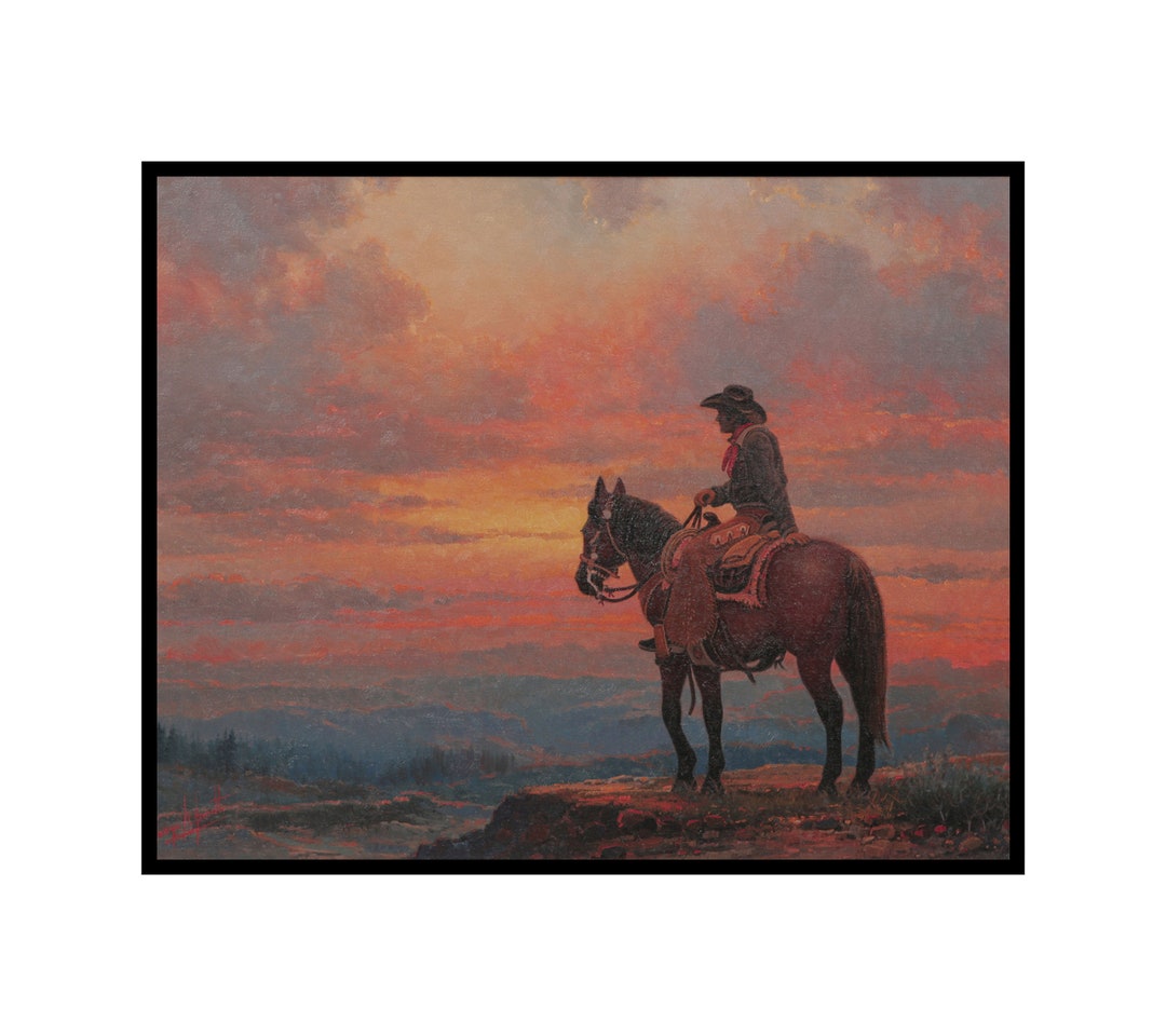 Vintage Cowboy Poster Retro Sunset Print Moody Landscape Art Horse ...