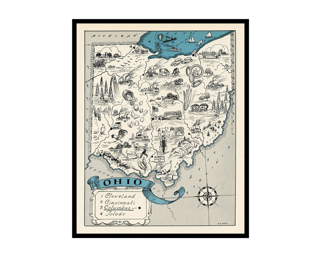 Vintage Map Poster Retro Ohio Map Print Ohio State Map Art Wall ...