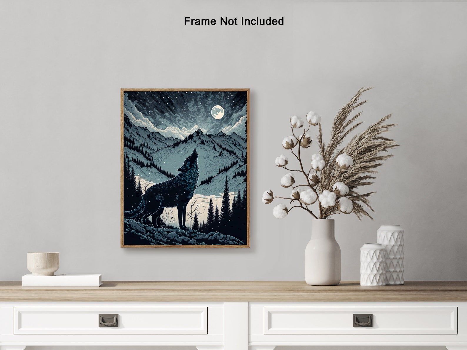 Howling Wolf Moon Poster Mountain Landscape Art UNFRAMED Animal Lover ...