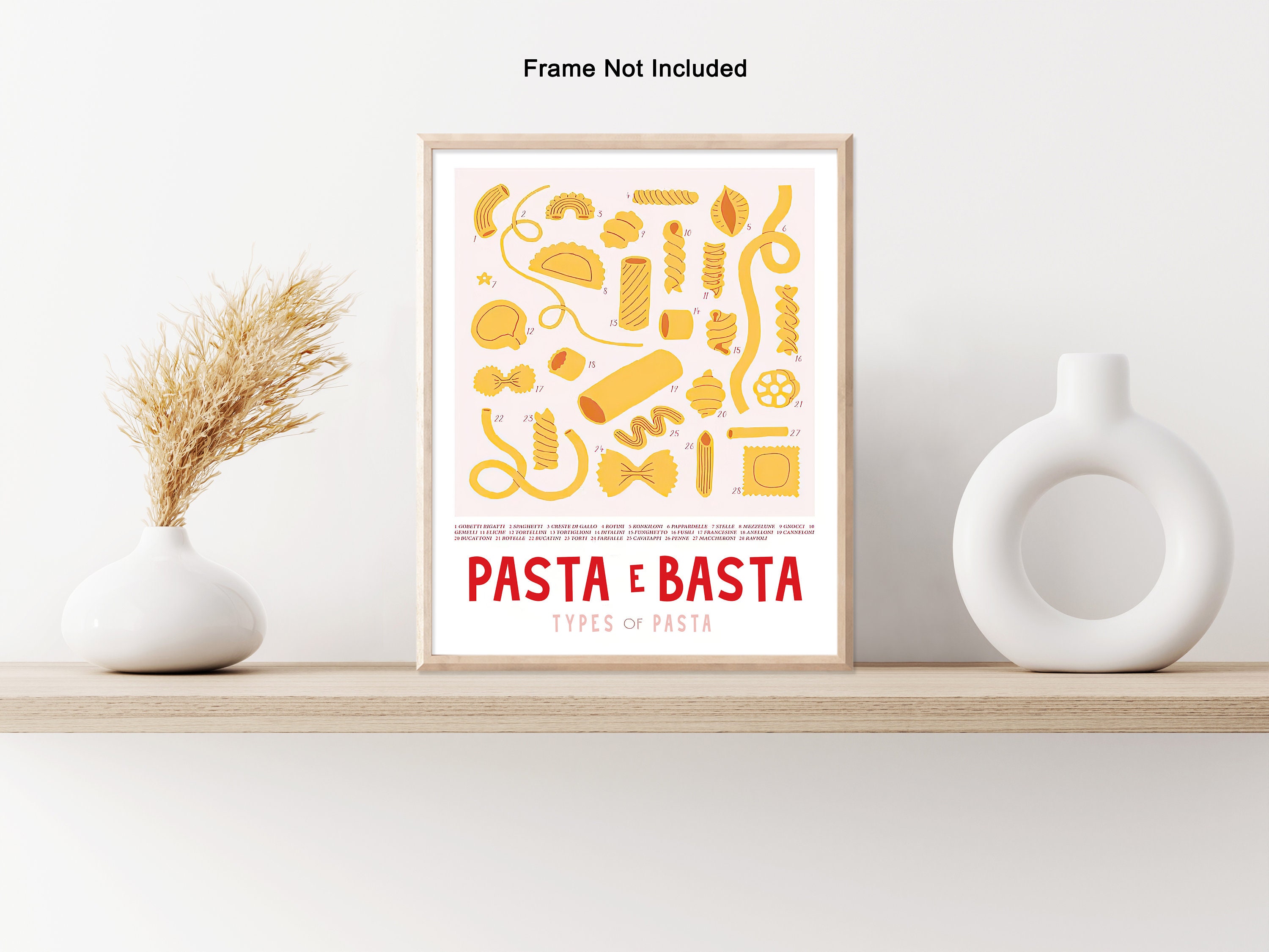 Vintage Illustration Poster Retro Food Print Types of Pasta, Yellow ...