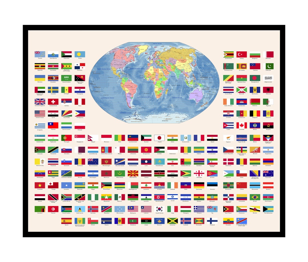 Flags of the World Poster World Map Print Learning Materials Art Gift ...