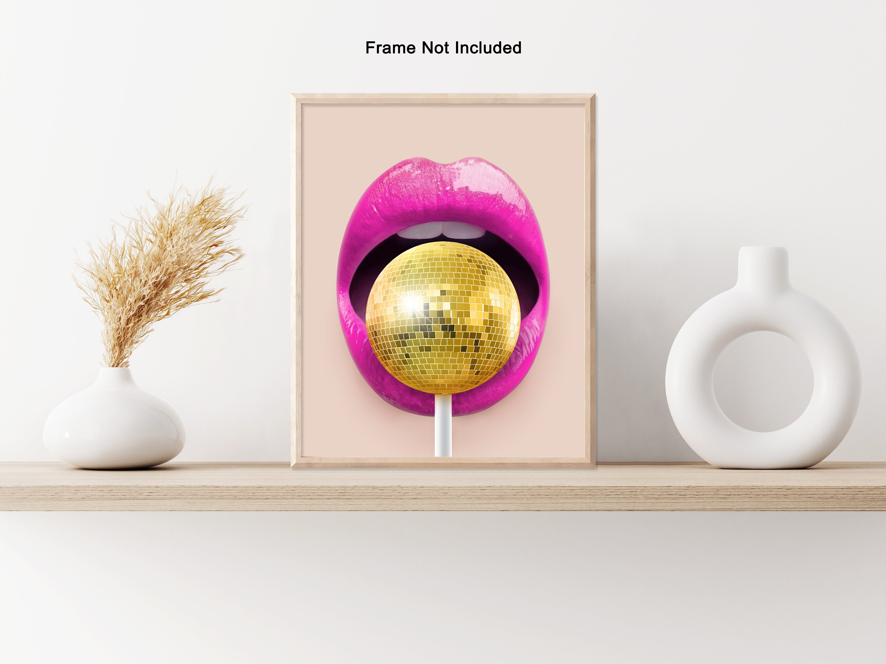 Disco Lollipop Poster Gold Disco Ball Print Disco Art Pink Lips Art Pop ...