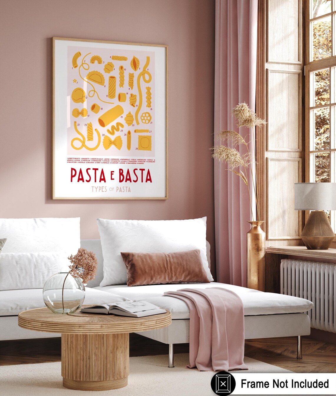 Vintage Illustration Poster - Retro Food Print - Types of Pasta, Yellow ...