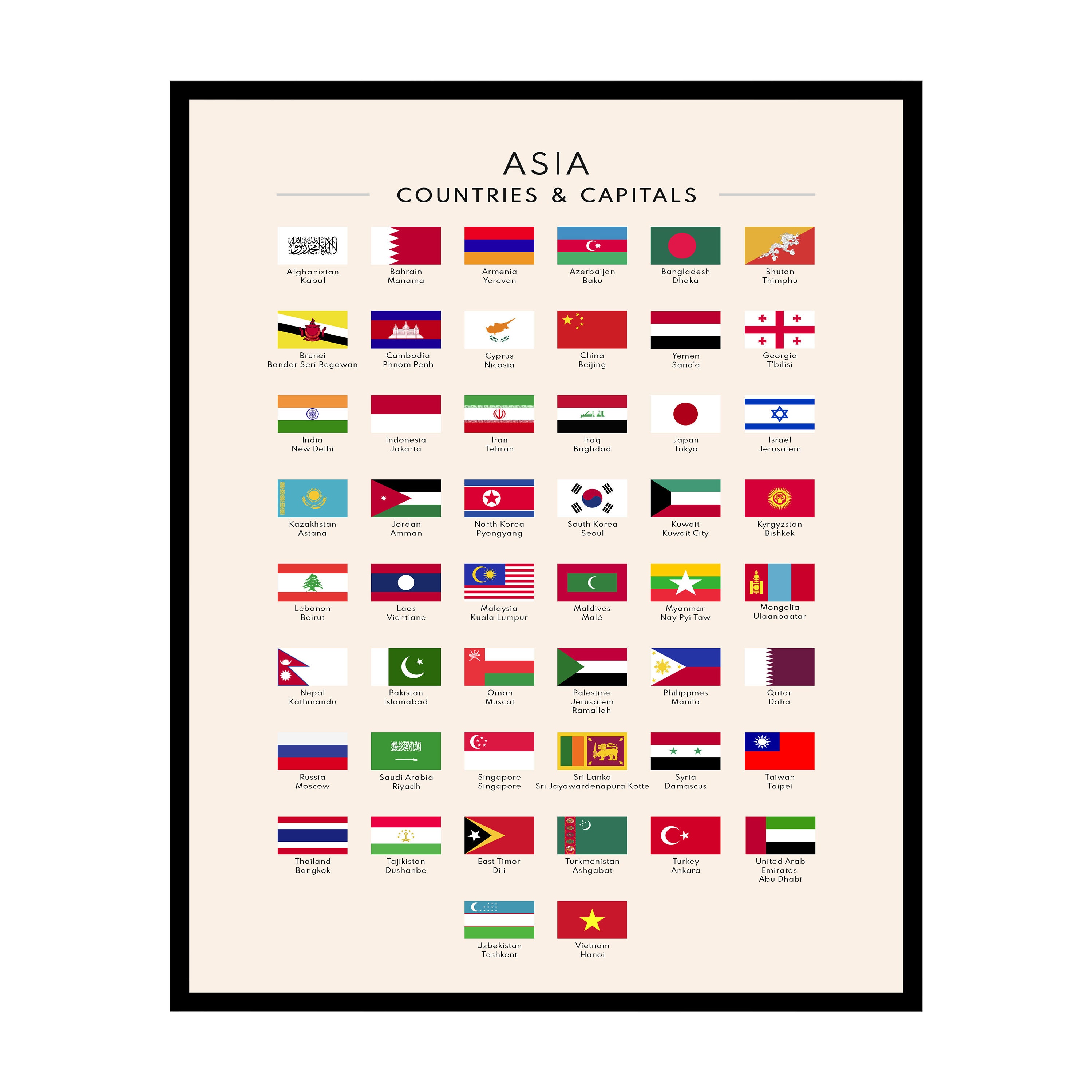 Flags of Asia Poster Asian Countries & Capitals Print Learning ...