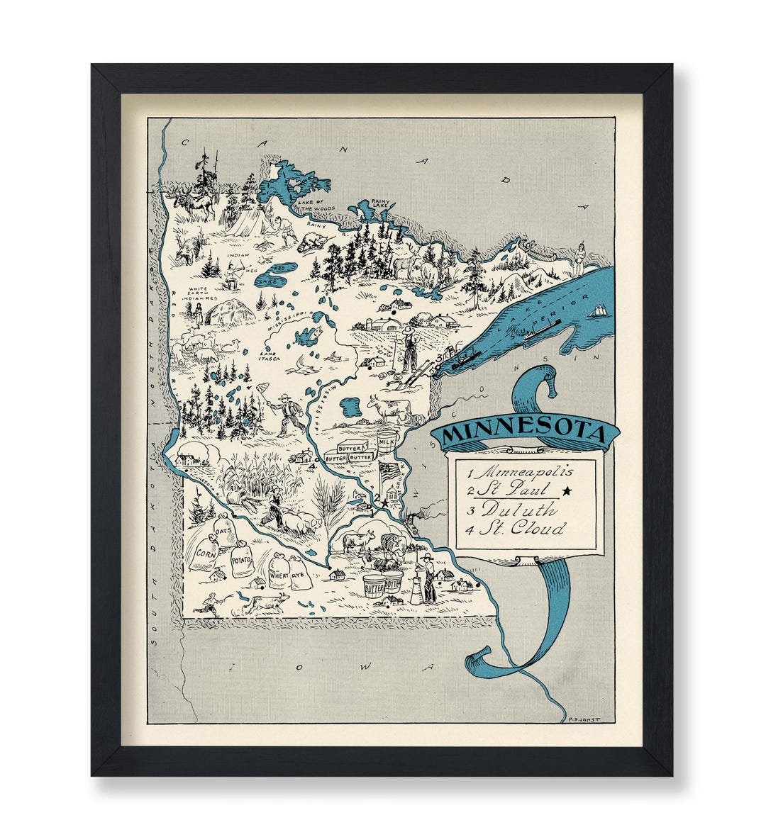 Vintage Map Poster - Retro Minnesota Map Print - Minnesota State Map ...
