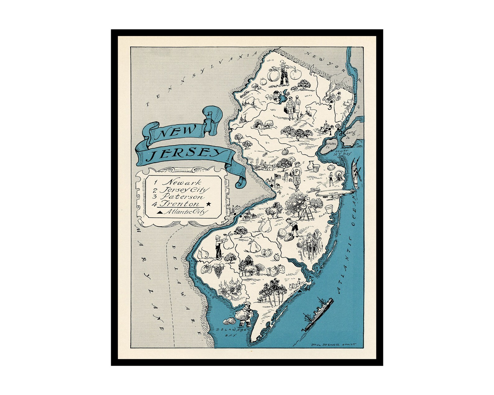 Vintage Map Poster Retro New Jersey Map Print New Jersey State Map Art ...
