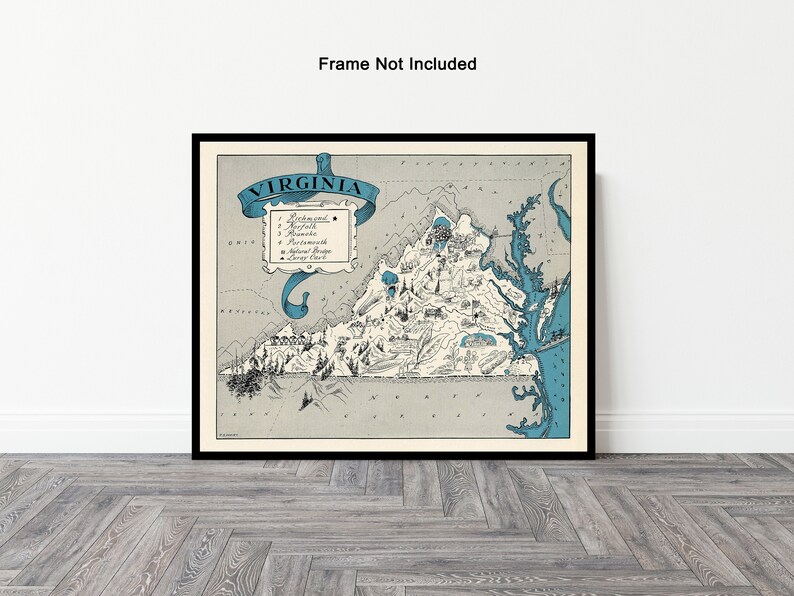 Vintage Map Poster Retro Virginia Map Print Virginia State Map Art Wall ...