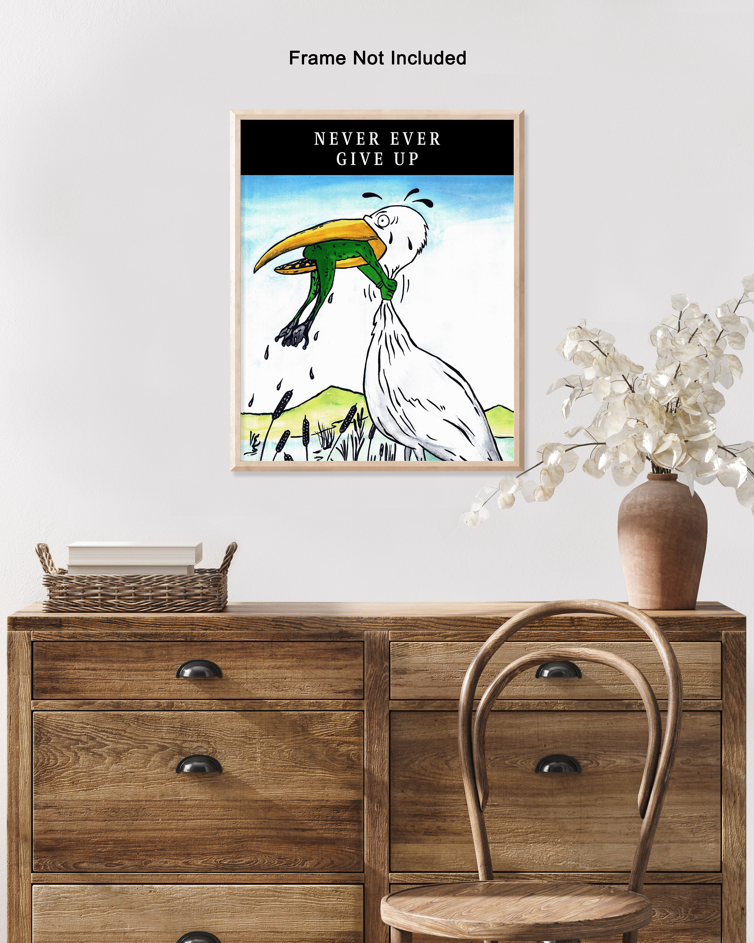 Never Ever Give up Poster Crane & Frog Print Motivational Quote Art ...