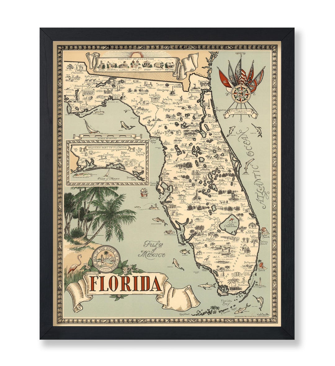 Vintage Map Poster - Retro Florida Print - Florida State Map Art - Gift ...
