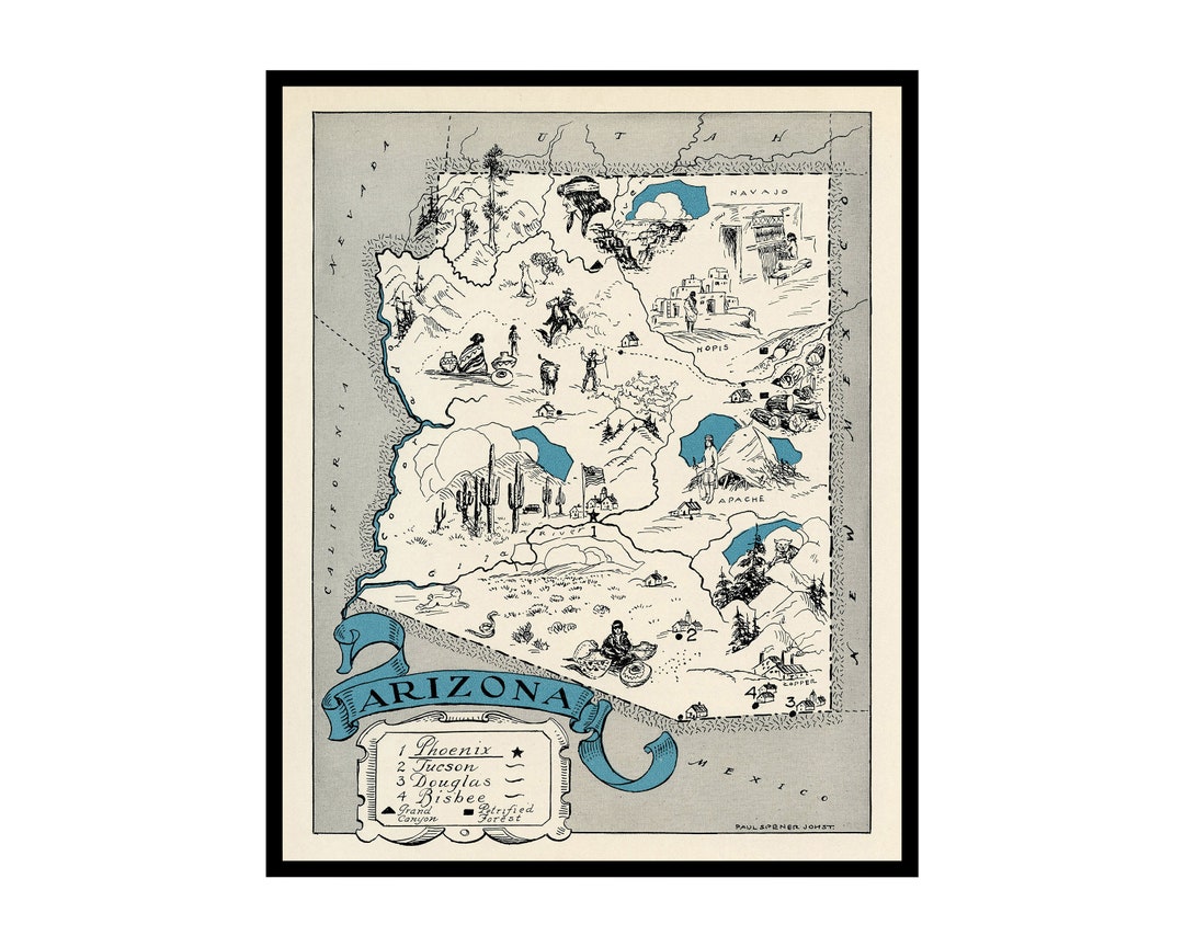 Vintage Map Poster Retro Arizona Map Print Arizona State Map Art Gift ...