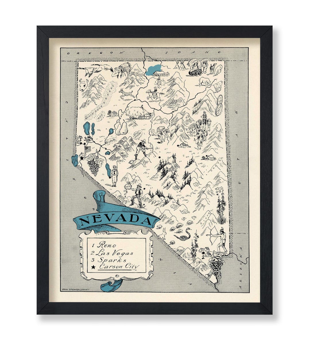 Vintage Map Poster - Retro Nevada Map Print - Nevada State Map Art ...
