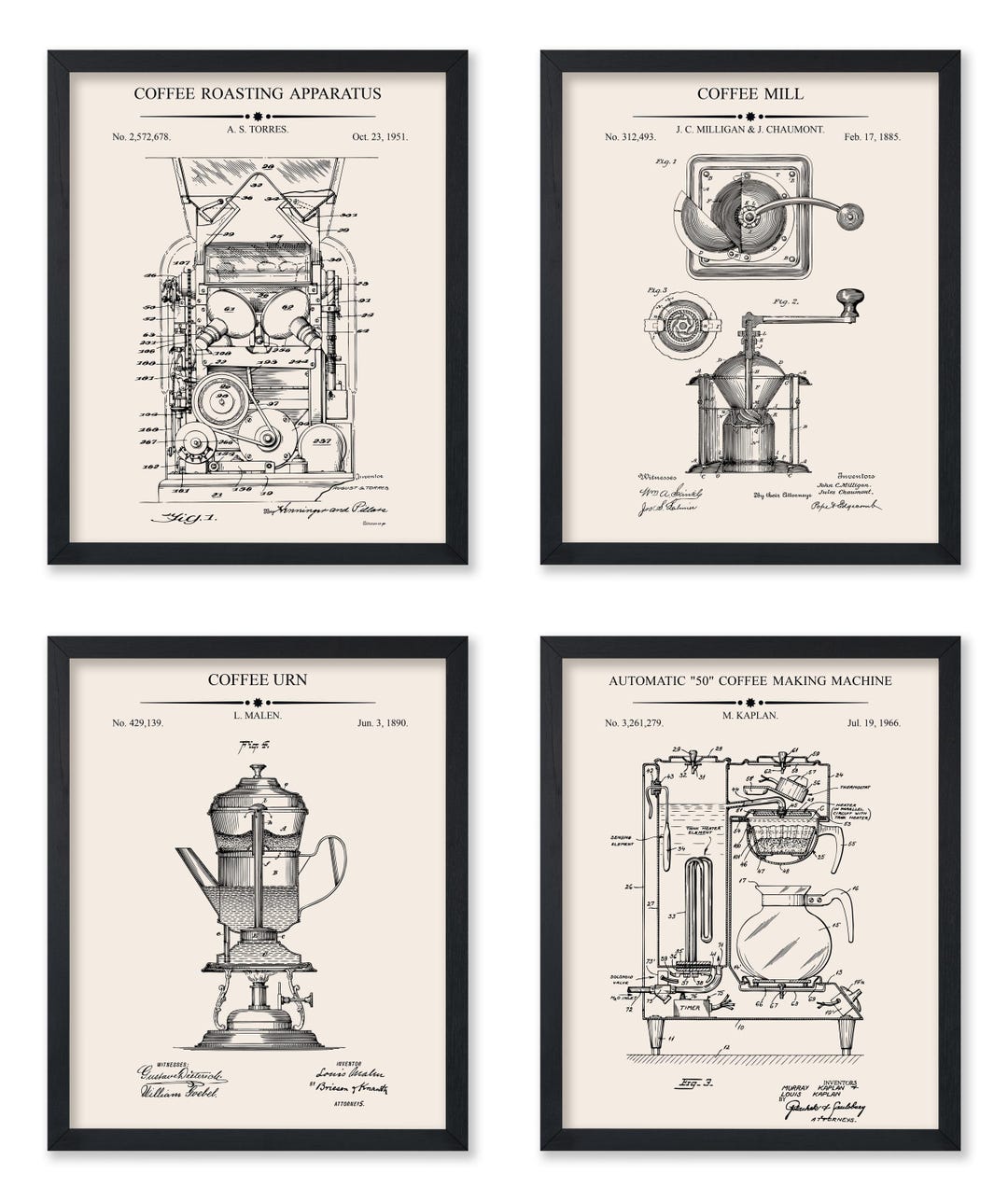 4-piece Coffee Blueprint - Roaster Patent Print, Mill, Urn, Making ...