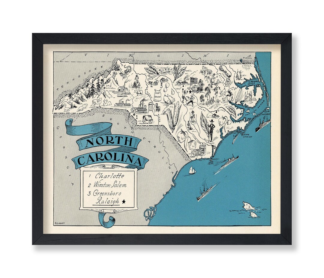 Vintage Map Poster - North Carolina State Map Art - Gift for Teacher ...