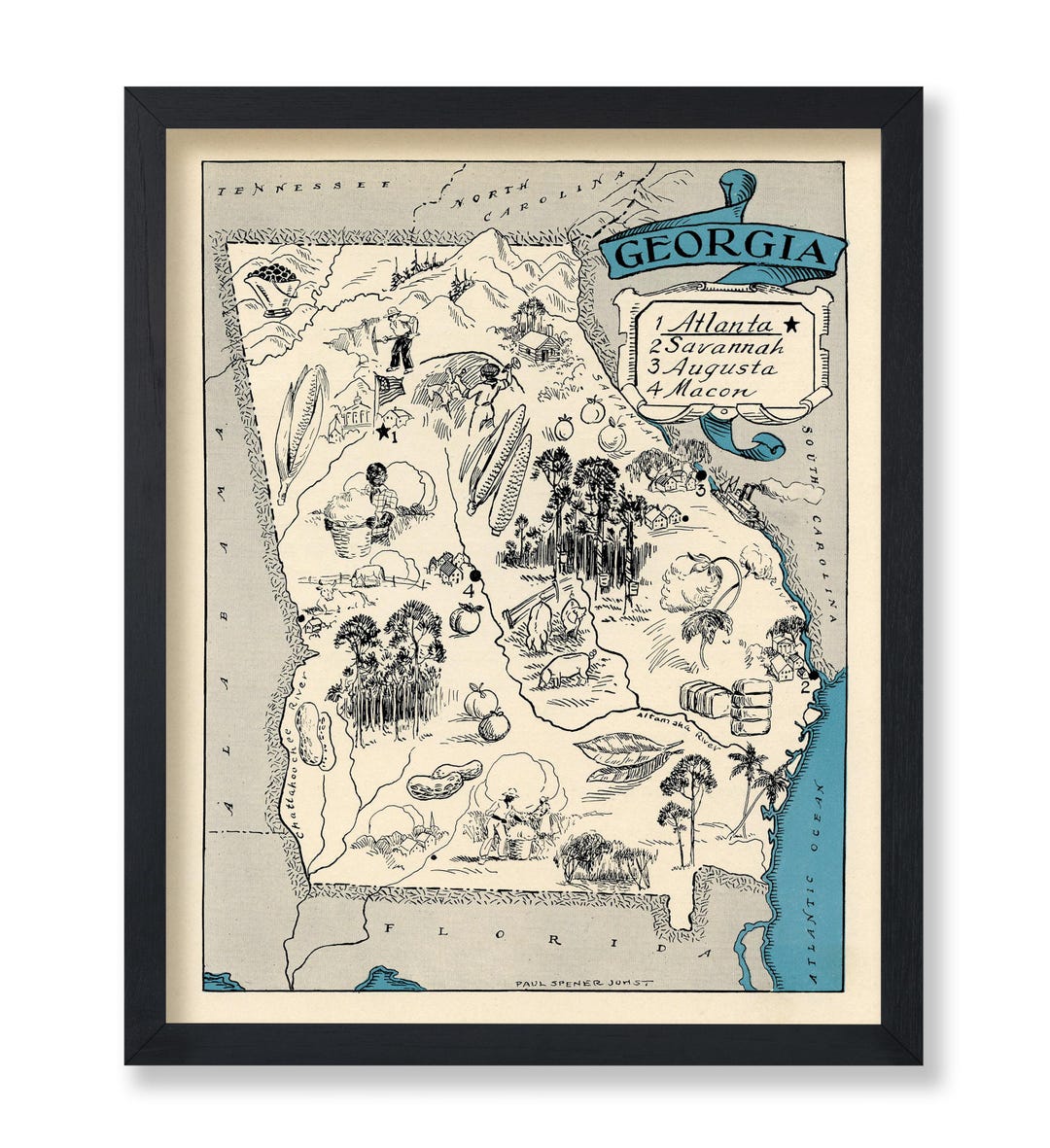 Vintage Map Poster - Retro Georgia Map Print - Georgia State Map Art ...