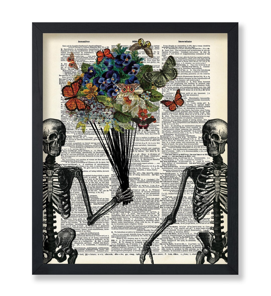 Skeleton Couple Dictionary Art Poster - Romantic Flower Butterfly Print ...