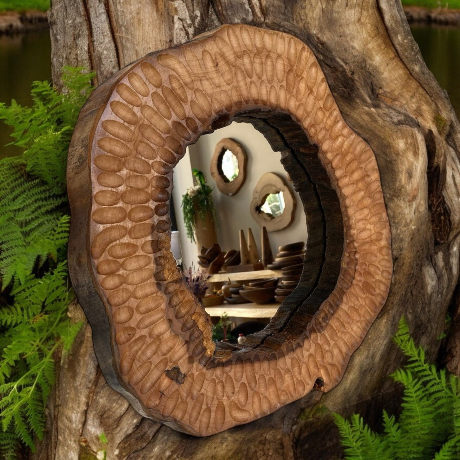 Irregular Mirror Made of Natural Log, Wooden Asymmetric Mirror, Wooden ...