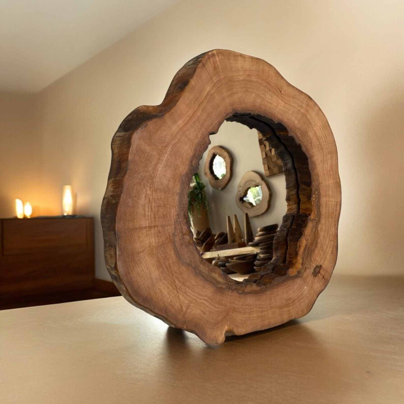 Irregular Mirror Made of Natural Log, Wooden Asymmetric Mirror, Wooden ...