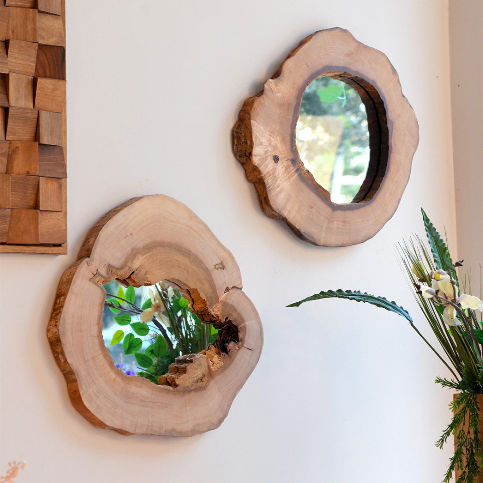 Irregular Mirror Made of Natural Log, Wooden Asymmetric Mirror, Wooden ...