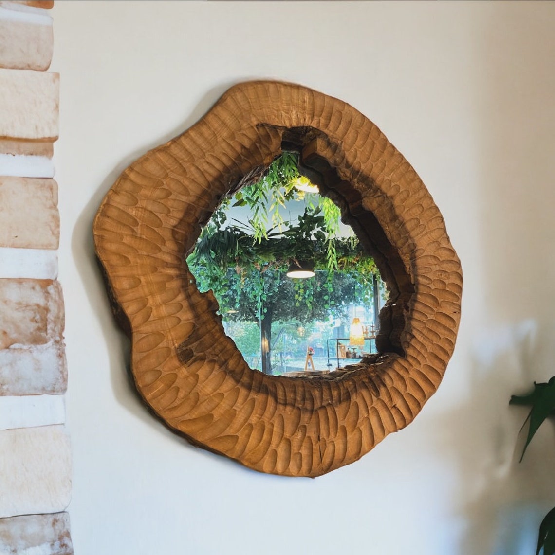 Irregular Mirror Made of Natural Log, Wooden Asymmetric Mirror, Wooden ...